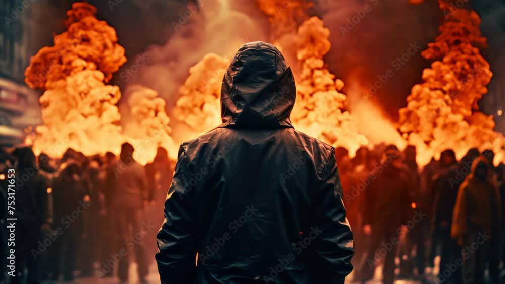 Rear view of a man standing in front of a burning crowd of people, Back ...