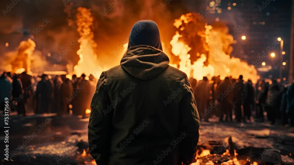 Man standing in front of a burning building in the middle of the city ...