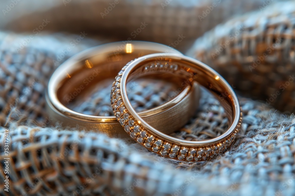 Two gold wedding rings placed neatly on top of a vibrant blue cloth ...