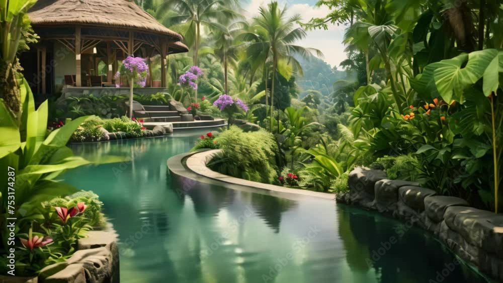 Tropical garden with swimming pool and palm trees, Bali island ...