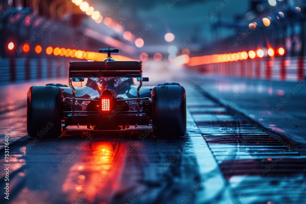 formula 1 car on racetrack looking down track with start lights looking ...
