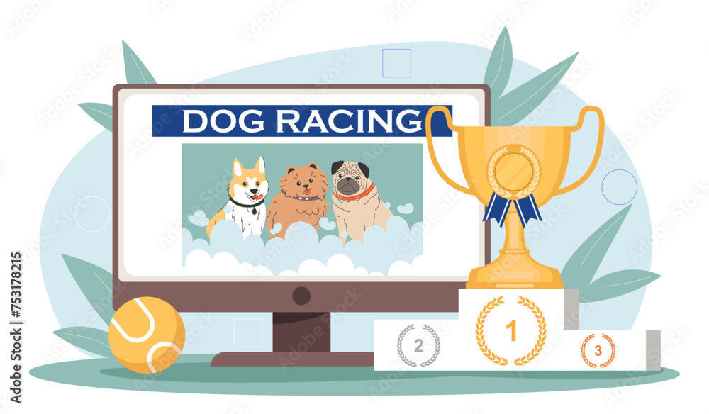 Dog racing concept. Golden trophy with purebred puppies. Tournament and ...