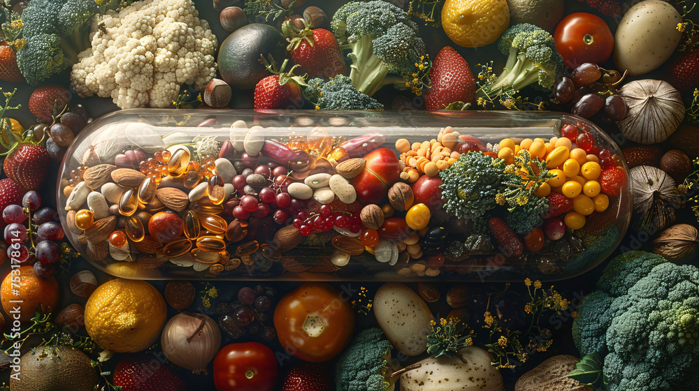 Vitamin supplement capsule designed with a miniature world of fruits ...