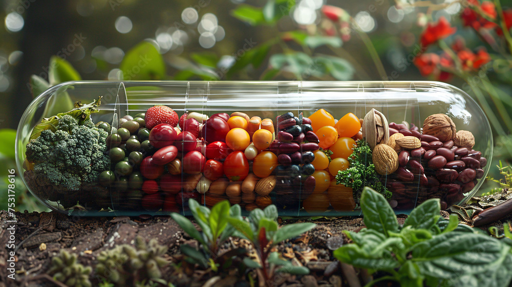Vitamin supplement capsule designed with a miniature world of fruits ...