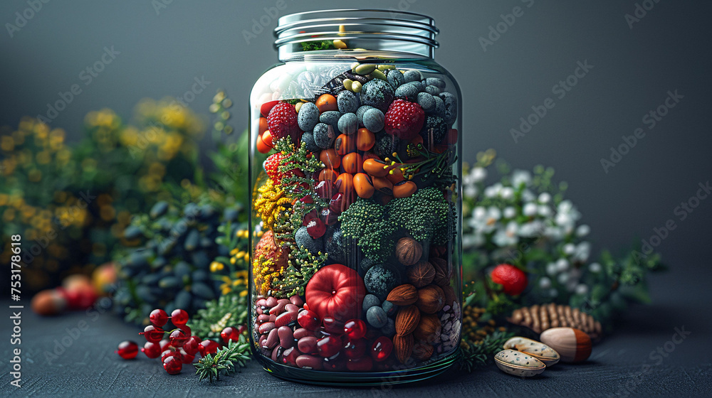 Vitamin supplement capsule designed with a miniature world of fruits ...