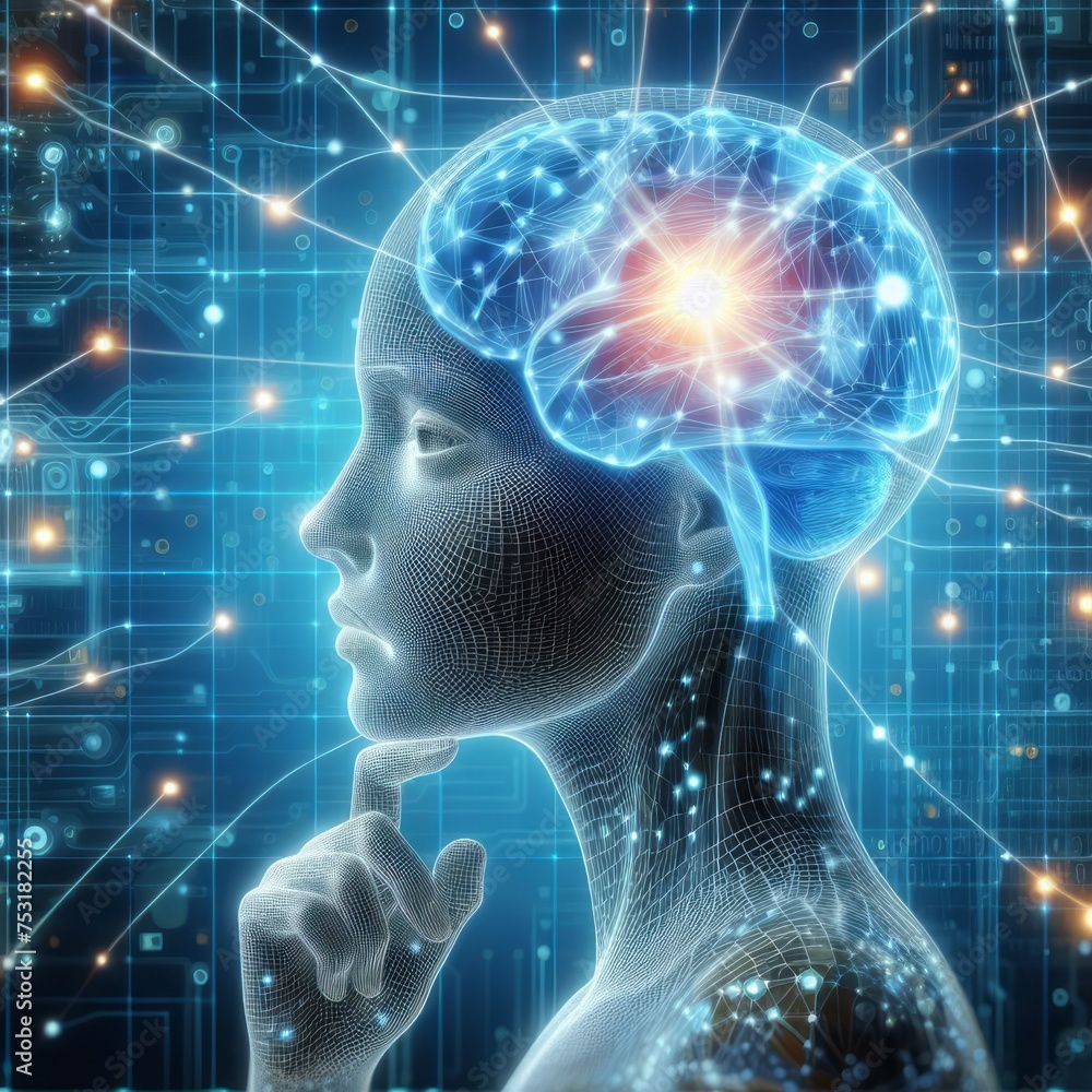 A digital representation of a human head in profile, its brain illuminated by a burst of light ...