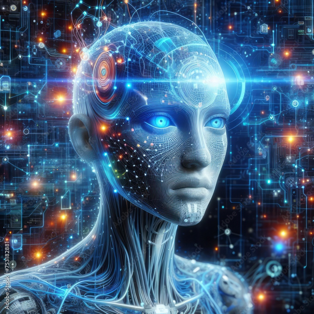 The face of a cybernetic being, circuits and data streams integrating ...