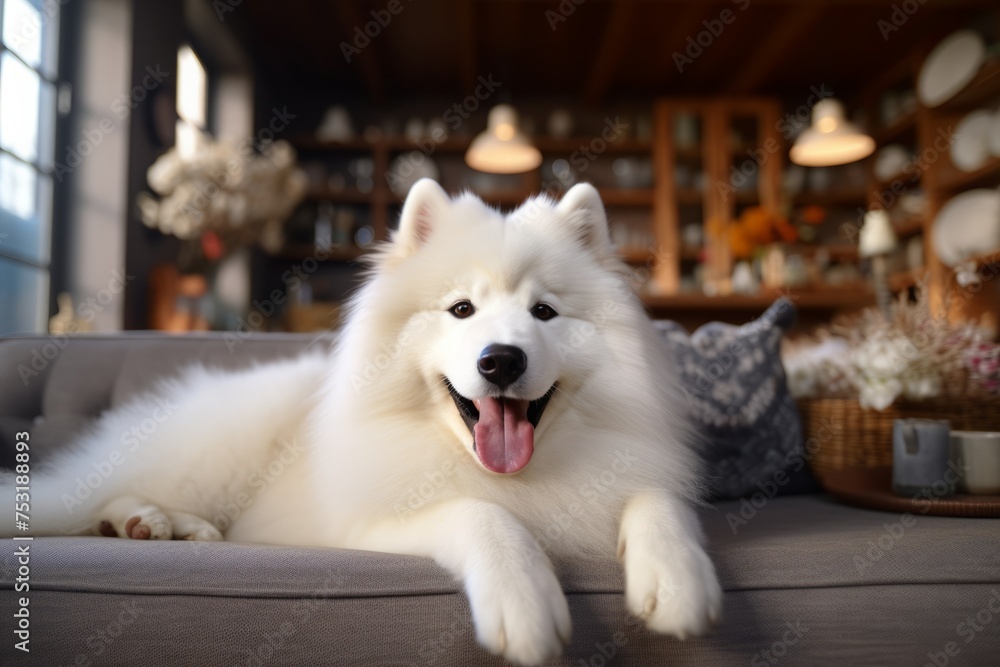 Samoyed dog is resting on the couch at home. a breed of dog with long ...