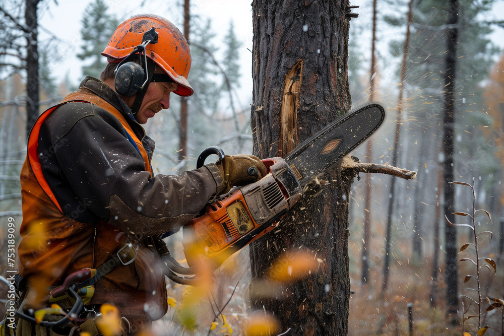 Woodcutter is cutting wood in the forest with a chainsaw Stock Photo ...