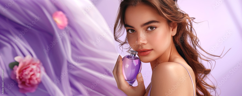 beautiful young girl with a bottle of perfume in her hands on a purple ...