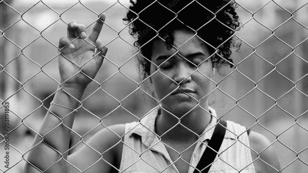 Portrait of a Depressed Young Black Woman Behind Metal Fence, Feeling ...