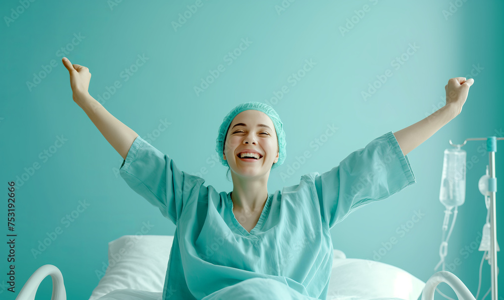 Happy woman patient with arms outstretched on hospital bed celebrating ...