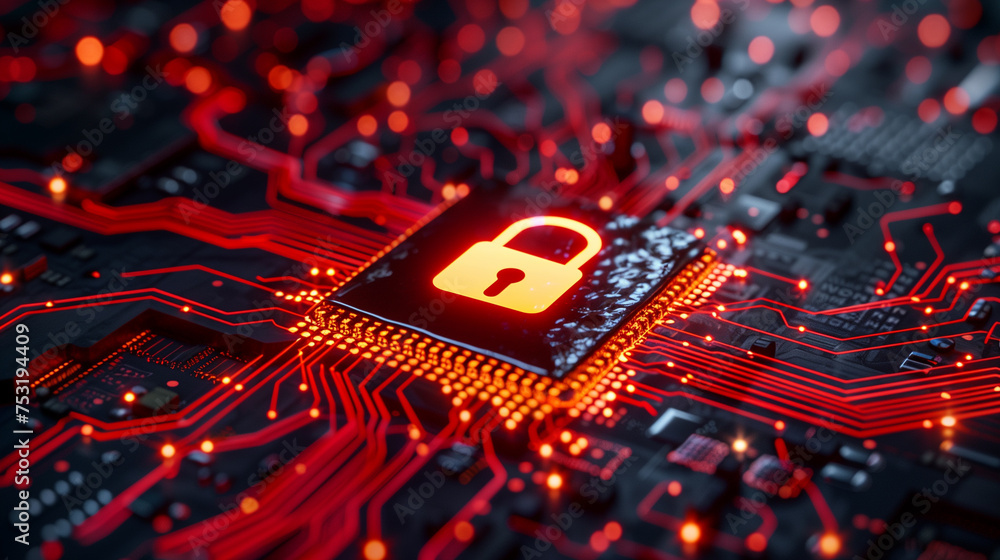 A glowing red lock icon on a circuit board, representing cybersecurity, data protection, and ...