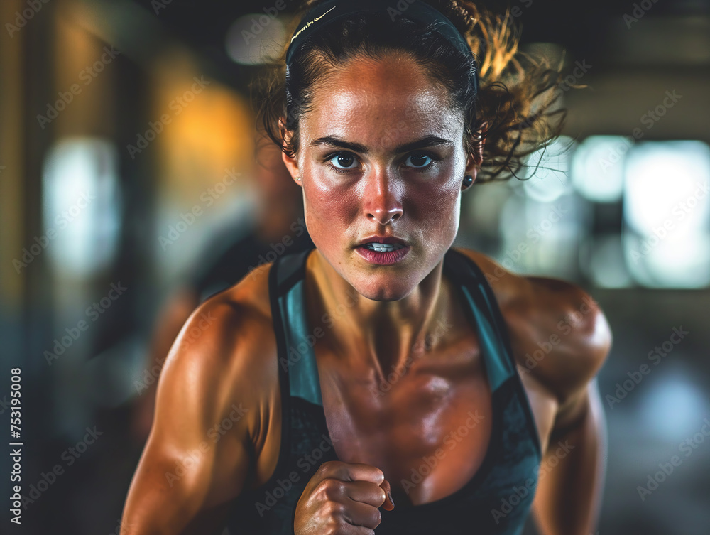 Strong Woman in Intense Workout. This photo shows a strong woman in an ...
