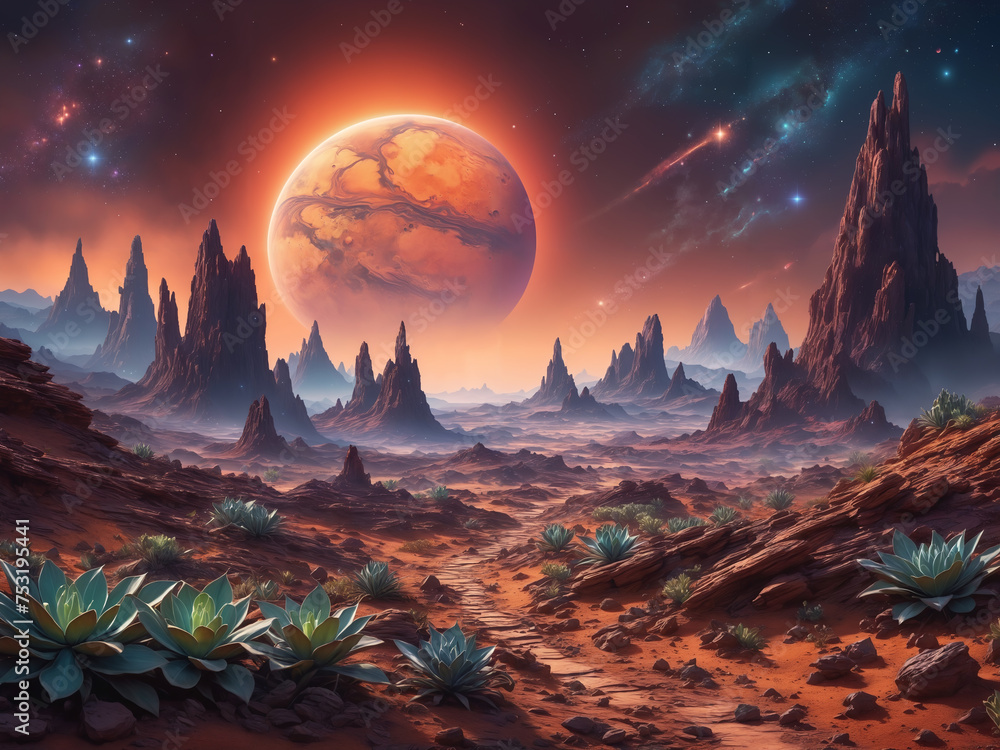 Surreal alien landscape: desert rocks and plants under a starry night ...