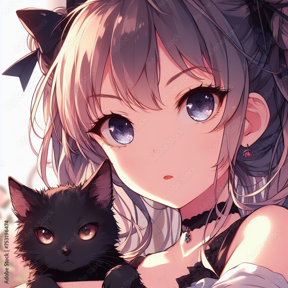Chica anime con estilo gótico cargando a su gato. Stock Illustration ...