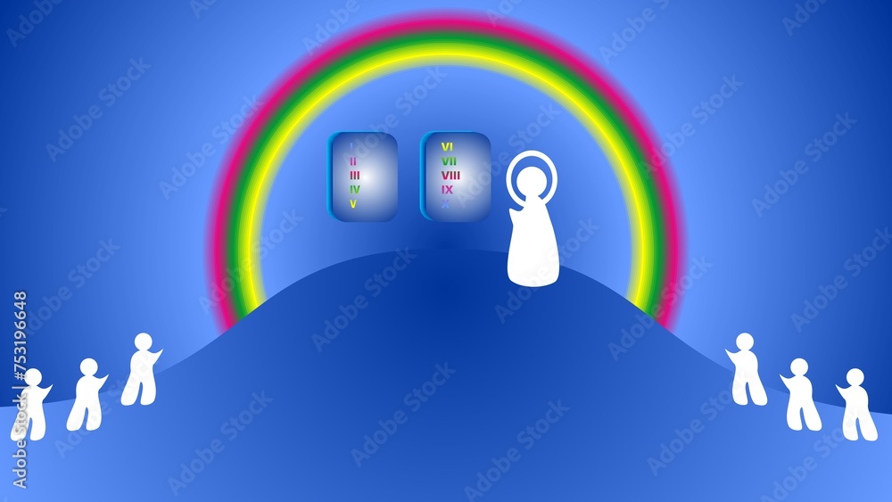 Moses and 10 commandments of God, Mount Sinai and rainbow, symbol of ...