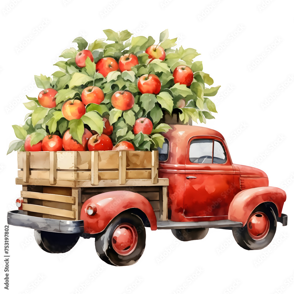 Watercolor Apple Truck Illustration PNG, Transparent Background ...