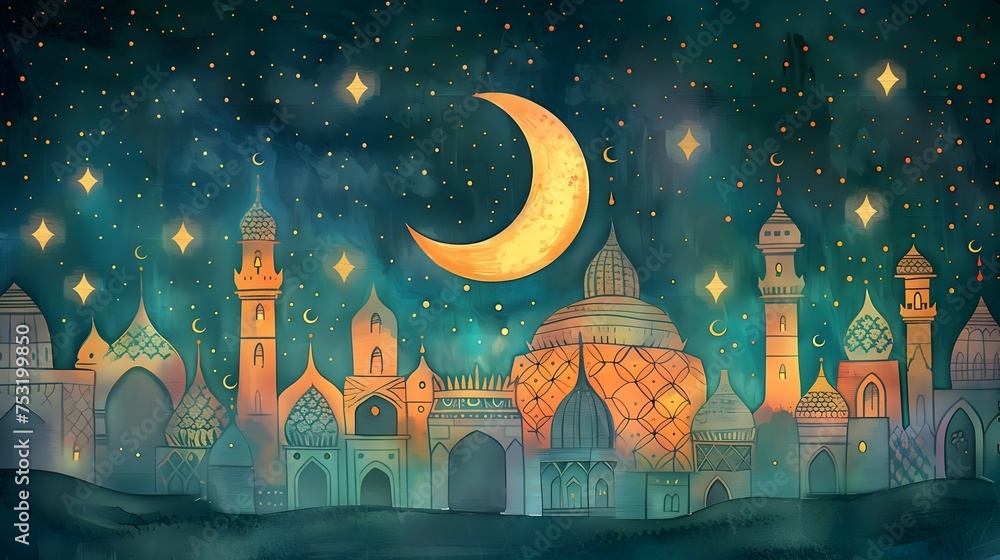 Islamic City Illuminated by Moon and Stars, To provide a visually ...