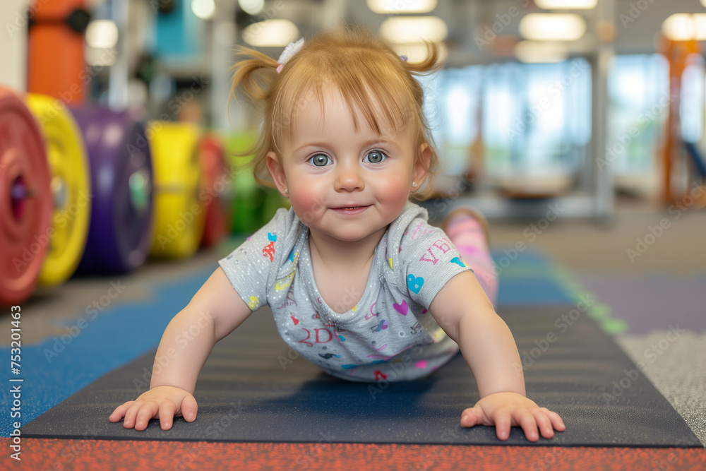 Childhood fitness: little girl exercises in gym, promoting active ...