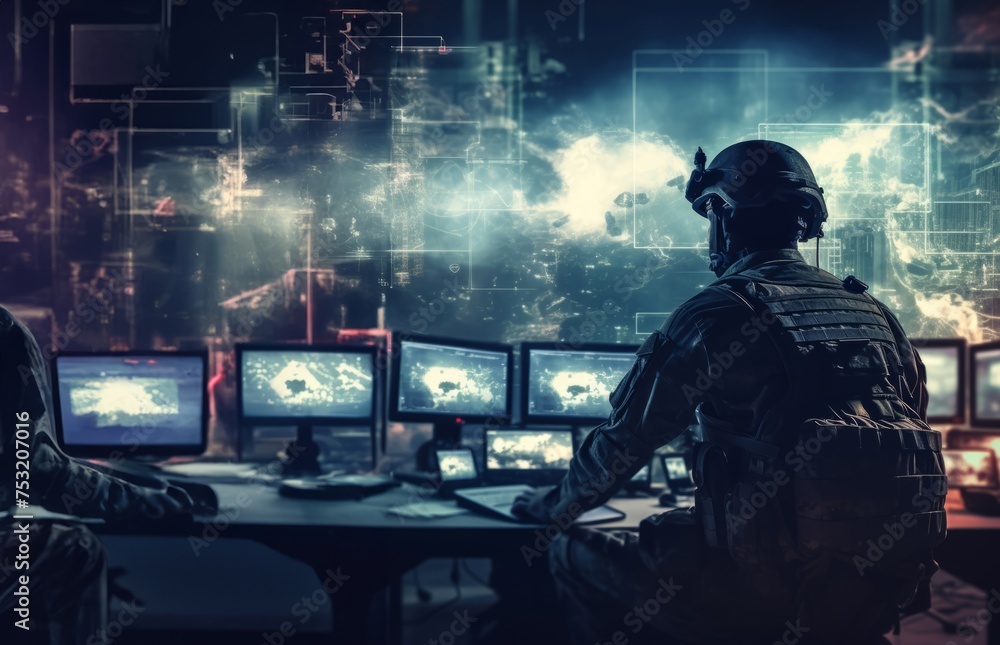 Techno-Warfare Professional Soldier Engaged with Combat Holograms on ...