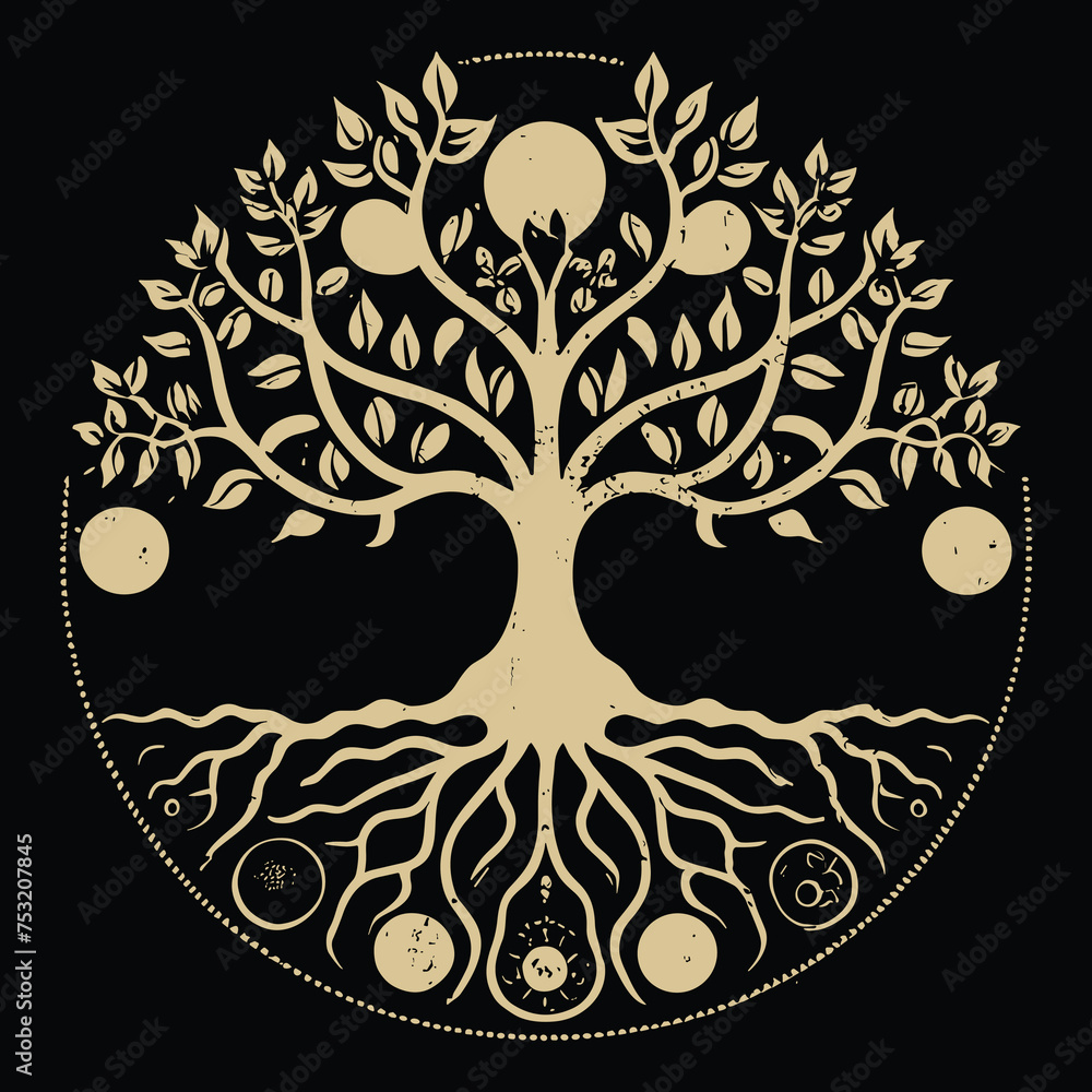 Tree of Life and Moon Phases Esoteric Illustration. Sacred tree of life ...