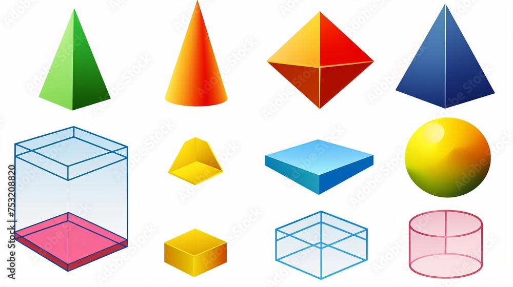 Geometry solids including cubes, rectangular prisms, pyramids ...