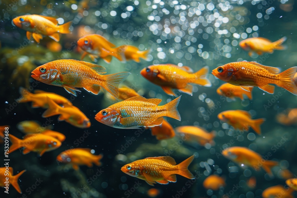 Shimmering golden fish create a dynamic scene as they school together ...