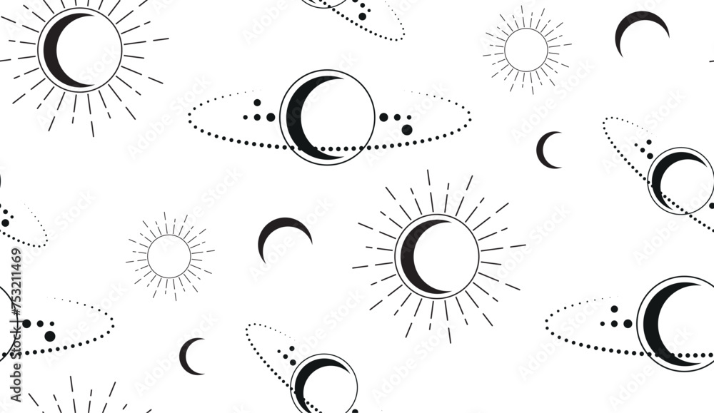 Seamless Space Mystical Sacred geometry. Moon, sun, stars, orbits ...