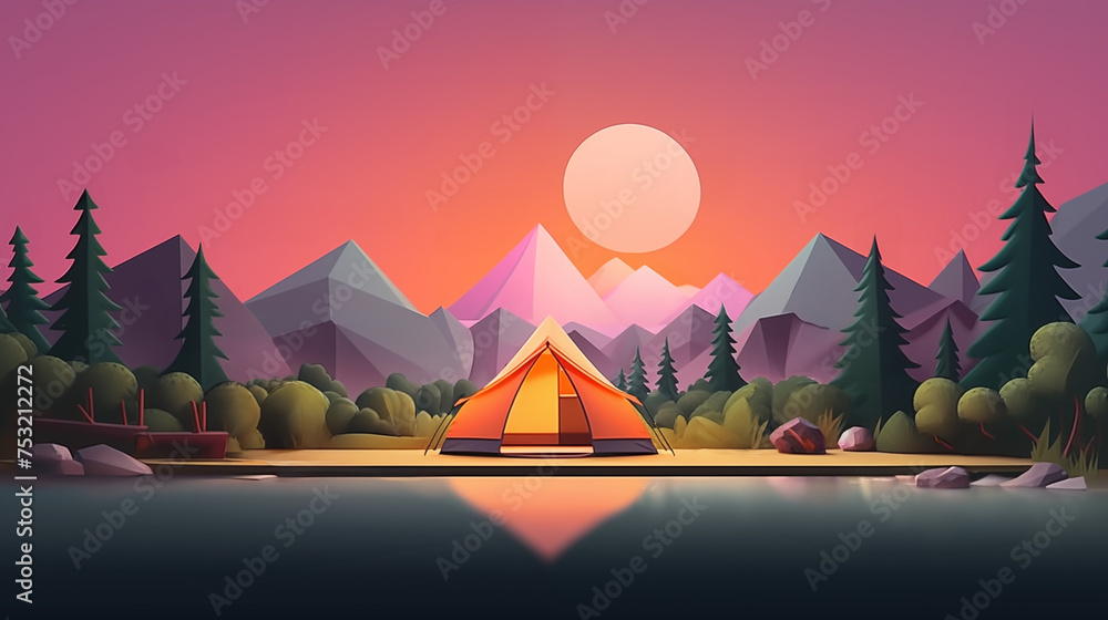 Hiking and camping concept. Illustration of a scenic landscape with a ...