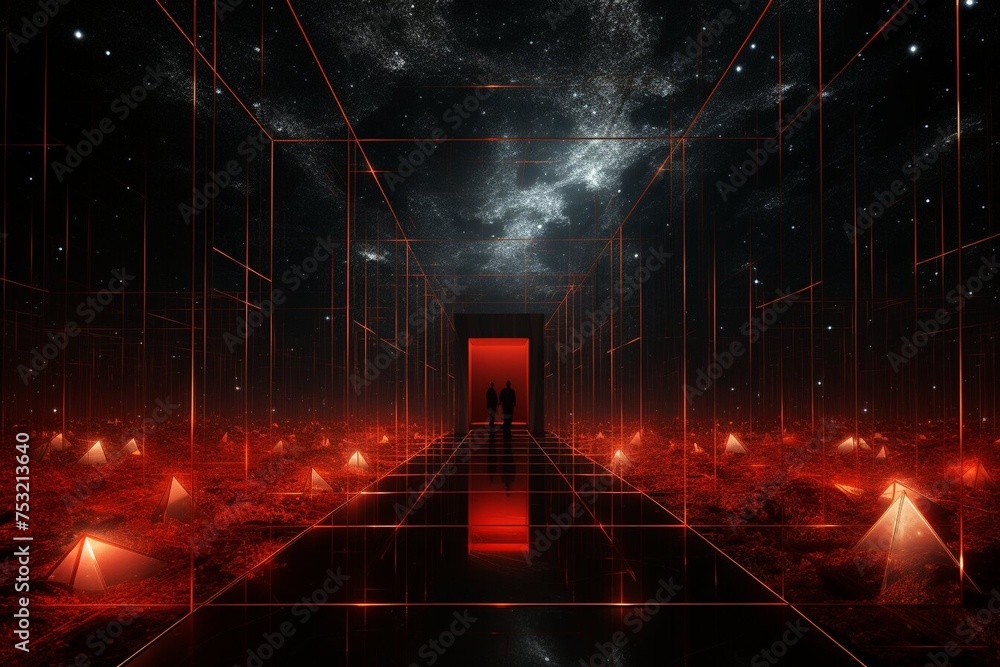 Abstract red cyber background with door in center. Stock Illustration ...