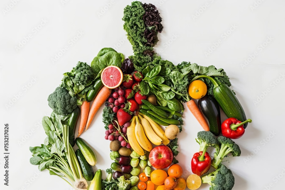 Conceptual image of fruits and vegetables forming the outline of a ...