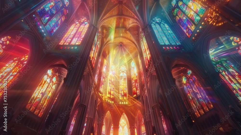 Radiant sunbeams shining through church windows - The photo captures ...