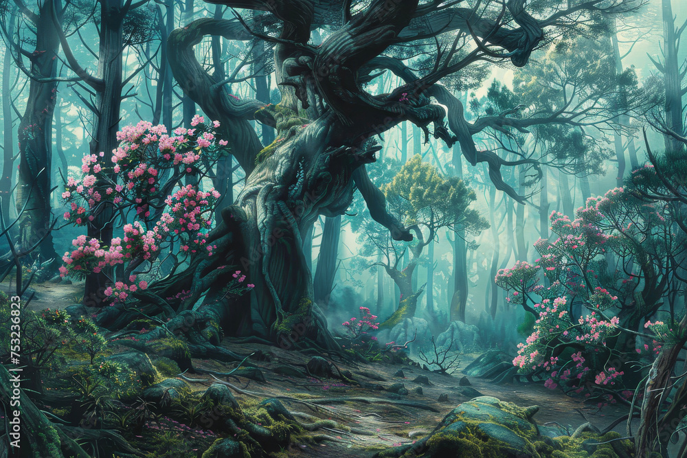 A misty forest reveals glimpses of azaleas and camellias. A wise old ...