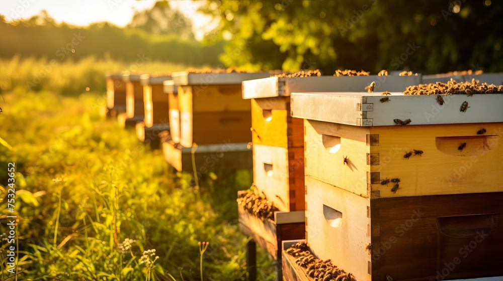 Witness the array of bee hives nestled in the apiary, serving as the ...