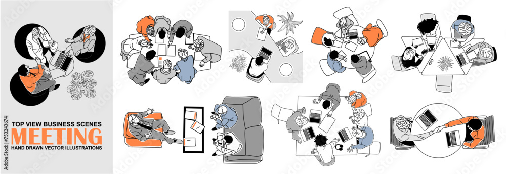 Business meeting top view illustrations. Business scenes of different ...