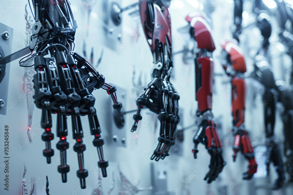 A row of robotic arms are lined up on a shelf. The arms are of ...