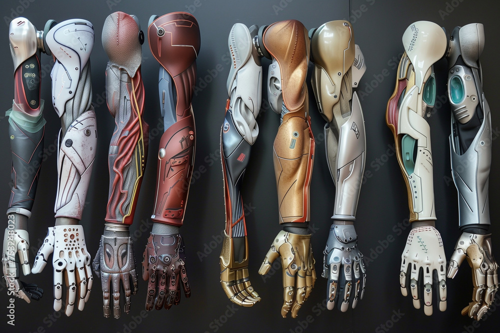 A row of robotic arms with different colors and designs. The arms are ...