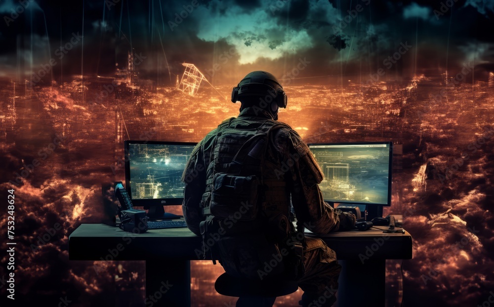 Techno-Warfare Professional Soldier Engaged with Combat Holograms on ...