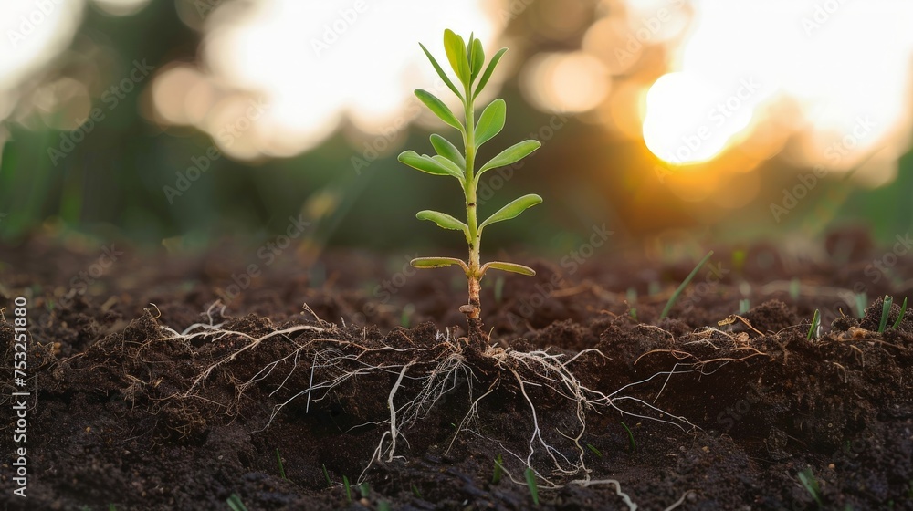 small pine tree in soil, roots appearing in the soil, background the ...