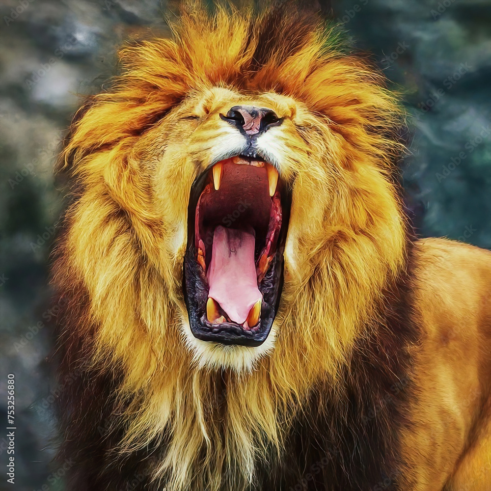 Portrait of an adult male lion (binomial name: Panthera leo), roaring ...