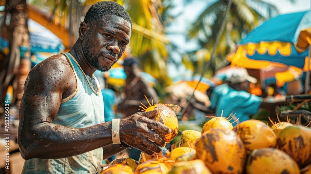 A vibrant marketplace scene, where vendors are selling fresh young ...