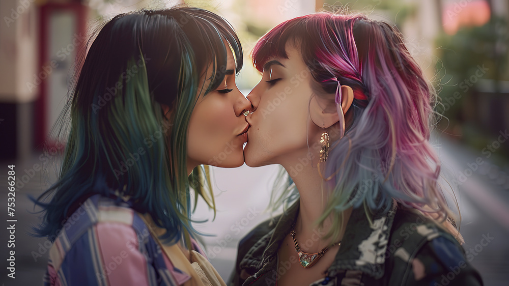 LGBTQ young woman couple kissing, romantic scene, colored hairs, young lesbians iis hugging ...