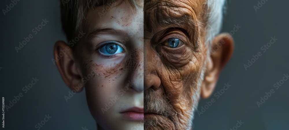 Face divided into two halves - one half of kid boy and half of old man ...