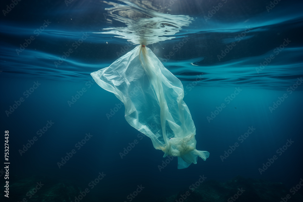 Plastic bags polluting the ocean. Plastic pollution in oceans, global ...