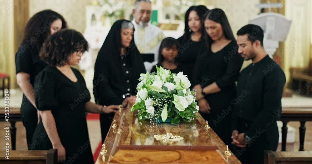 Funeral, death or family by coffin with flowers at memorial service at ...