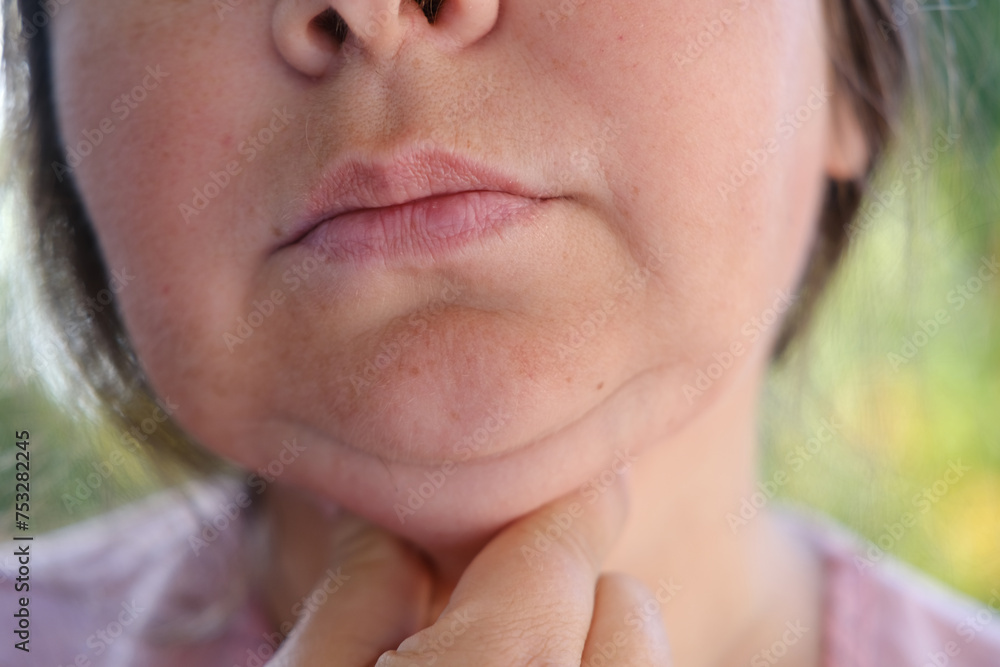 close up part face mature woman 55 years old, lower half of face, deep ...