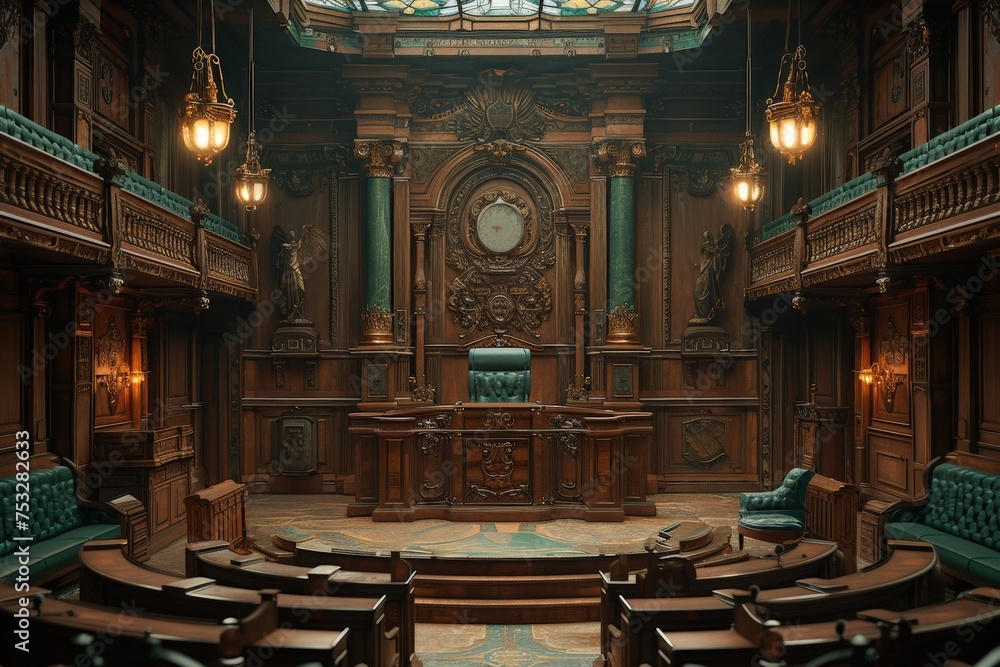 Ornate Court Room Interior with Green Seats and Wall Clock in Classic ...