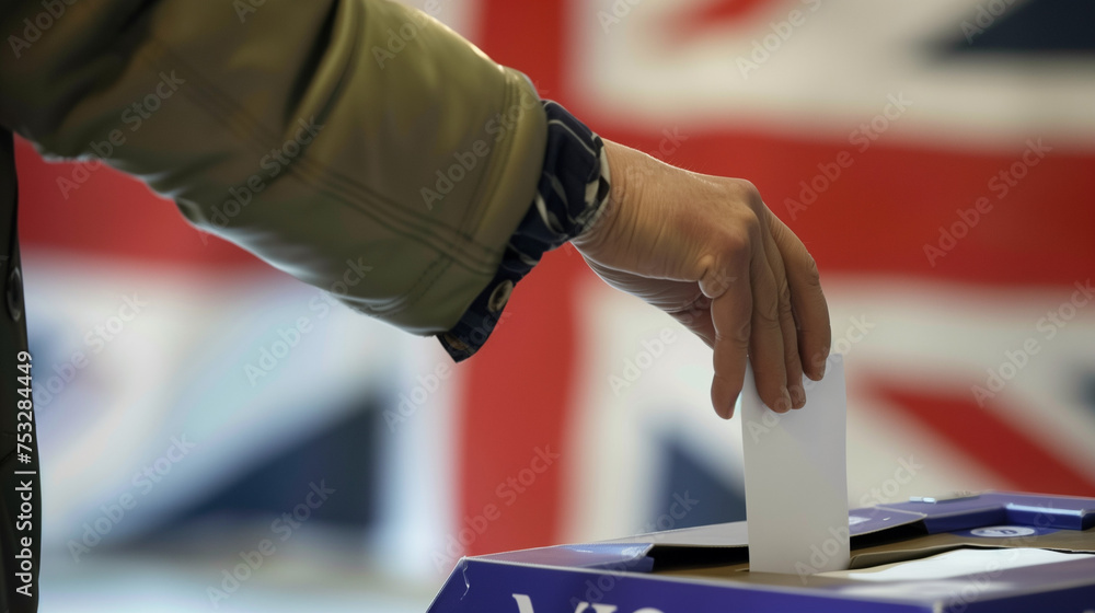 A hand places a ballot paper into a ballot box during a United Kingdom ...