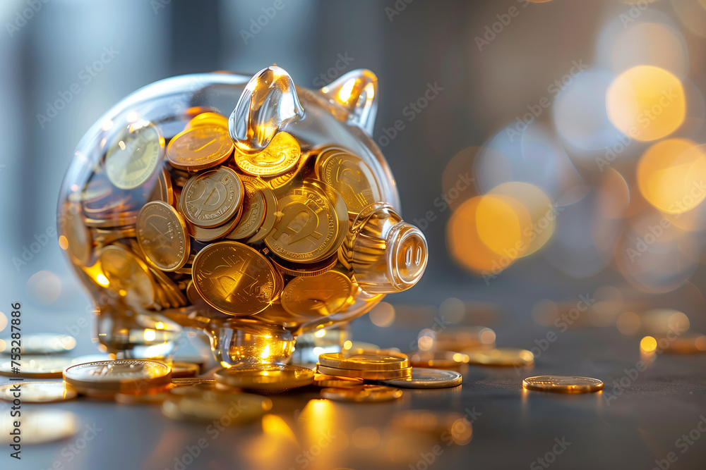 Transparent Piggy Bank Overflowing with Golden Coins, Investment and ...